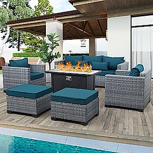 Lviden 6 Pieces Wicker Patio Furniture Sets Outdoor Conversation Set PE Rattan Sectional Sofa Couch with 45" Fire Pit Table and Peacock Blue Cushions