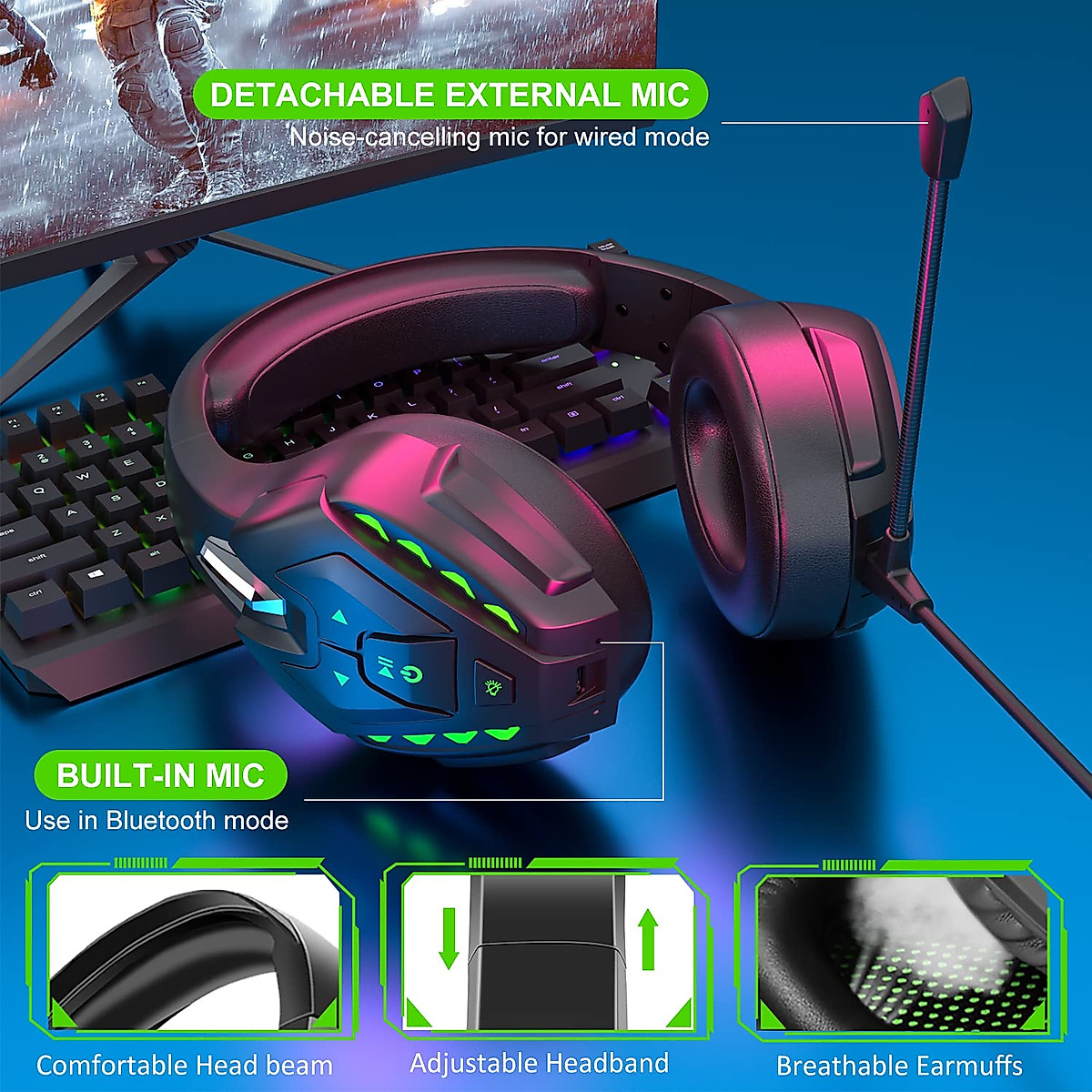 PHOINIKAS PS5 Gaming Headset for PS4, PC, Switch, Q10 Xbox One Headset with Stereo Sound, Detachable Mic, Wireless Bluetooth 5.3 Headphone only for Laptop/Phone/Tablet, 20H Battery (Green)