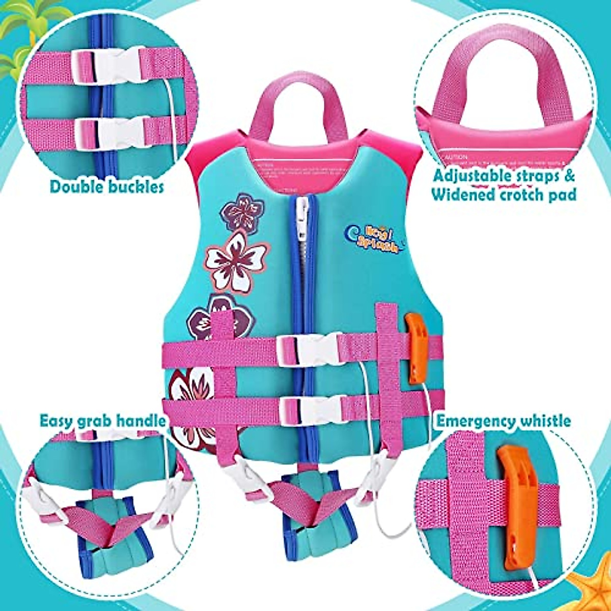 HeySplash Swim Vest for Kids, Child Size Watersports Kids Swim Vest Toddler Floatie Trainer Vest with Survival Whistle, Easy on and Off, Large, Lake Blue (Fit 55-77 lb)