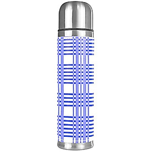 Stainless Steel Leather Vacuum Insulated Mug Purple Plaid Thermos Water Bottle for Hot and Cold Drinks Kids Adults 16 Oz