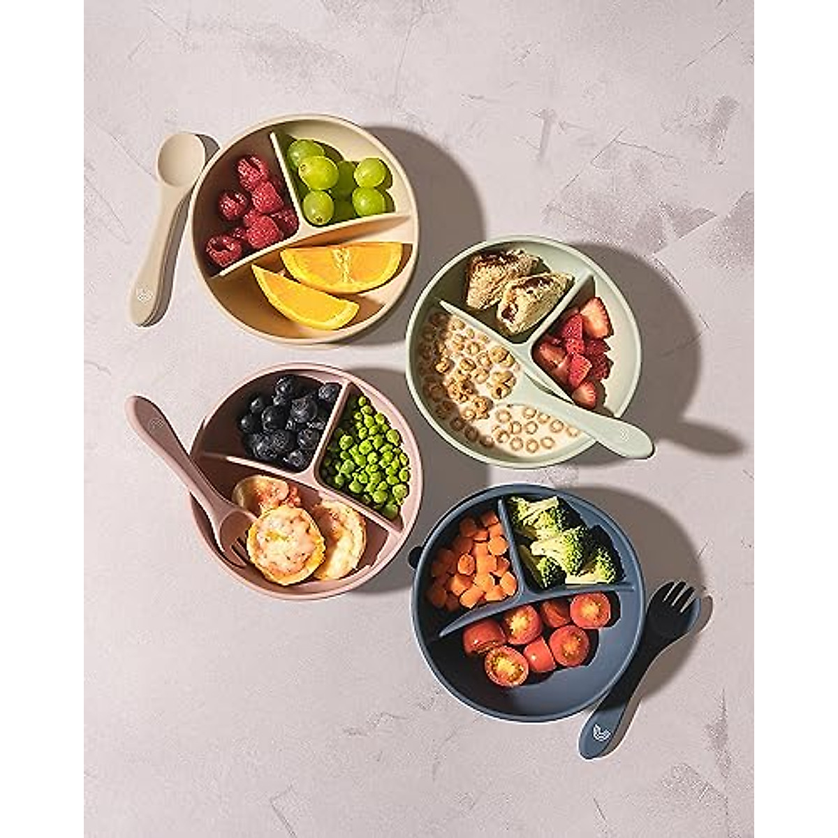 Hippypotamus Suction Bowls with Lids & Utensils - Baby & Toddler - 100% Food-Grade Silicone Divided Bowls - BPA Free - Dishwasher Safe - Set of 2 (Sage/Fog)