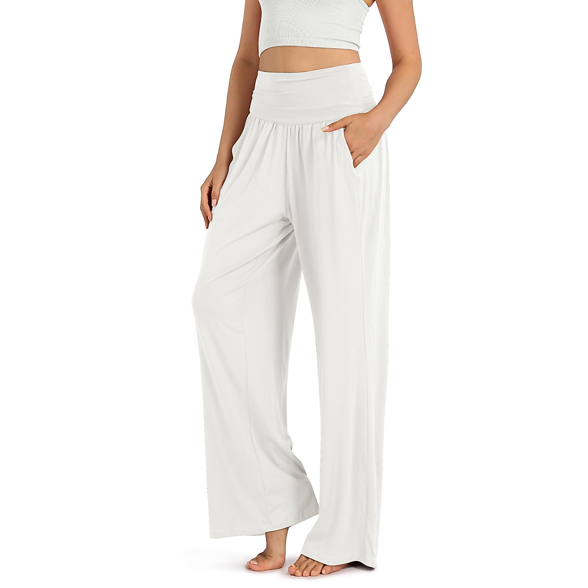 ODODOS Women's Wide Leg Palazzo Lounge Pants with Pockets Light Weight Loose Comfy Casual Pajama Pants-28 inseam, Off White, Small