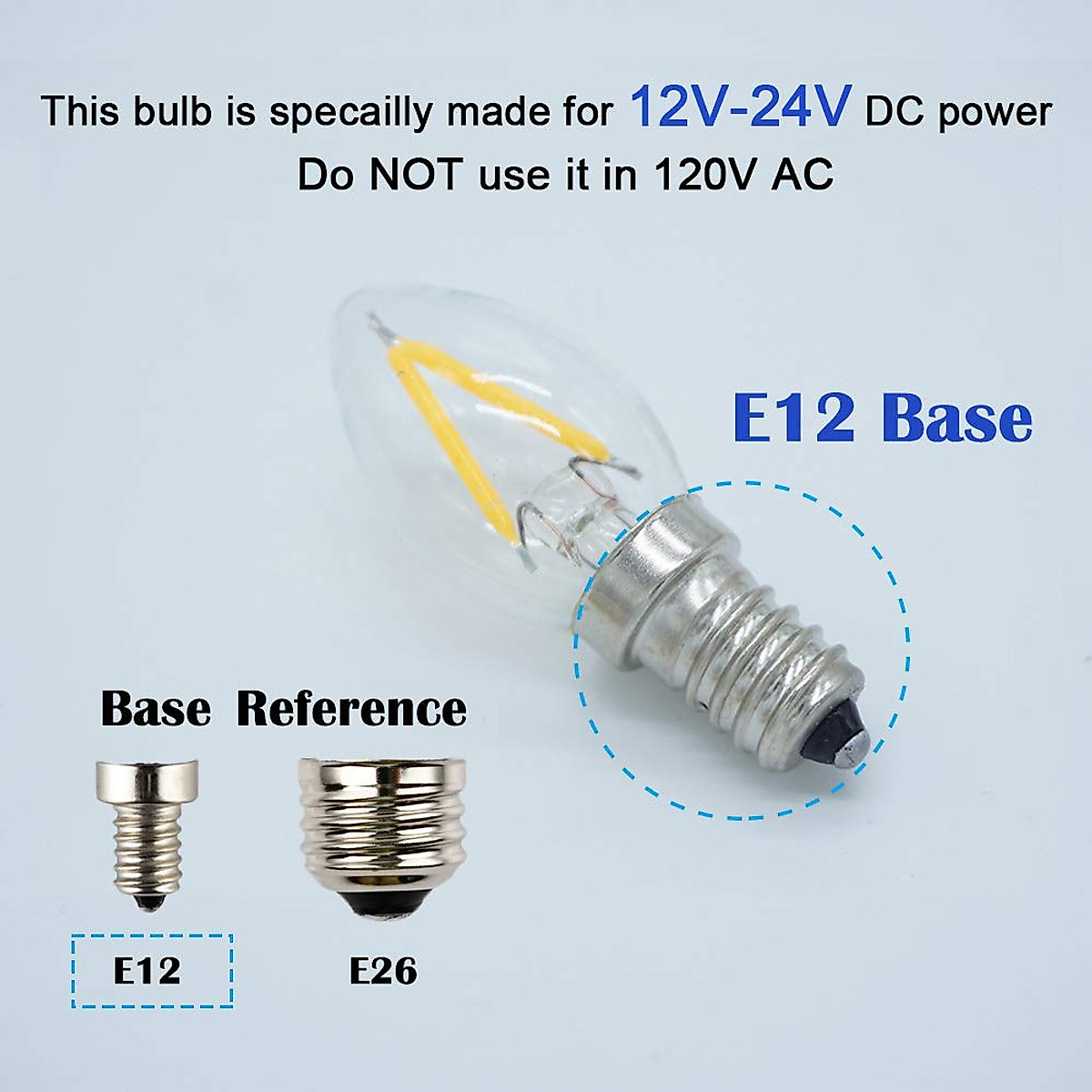 OPALRAY C7 12V-24V DC 1W LED Mini Candle Bulb, 12 Volts Low Voltage Input, RV Lighting Cabin Light, Warm White 2700K, 150LM 15W Incandescent Equivalent, for 12Volt Power, Mini Torpedo Shape, 4-Pack