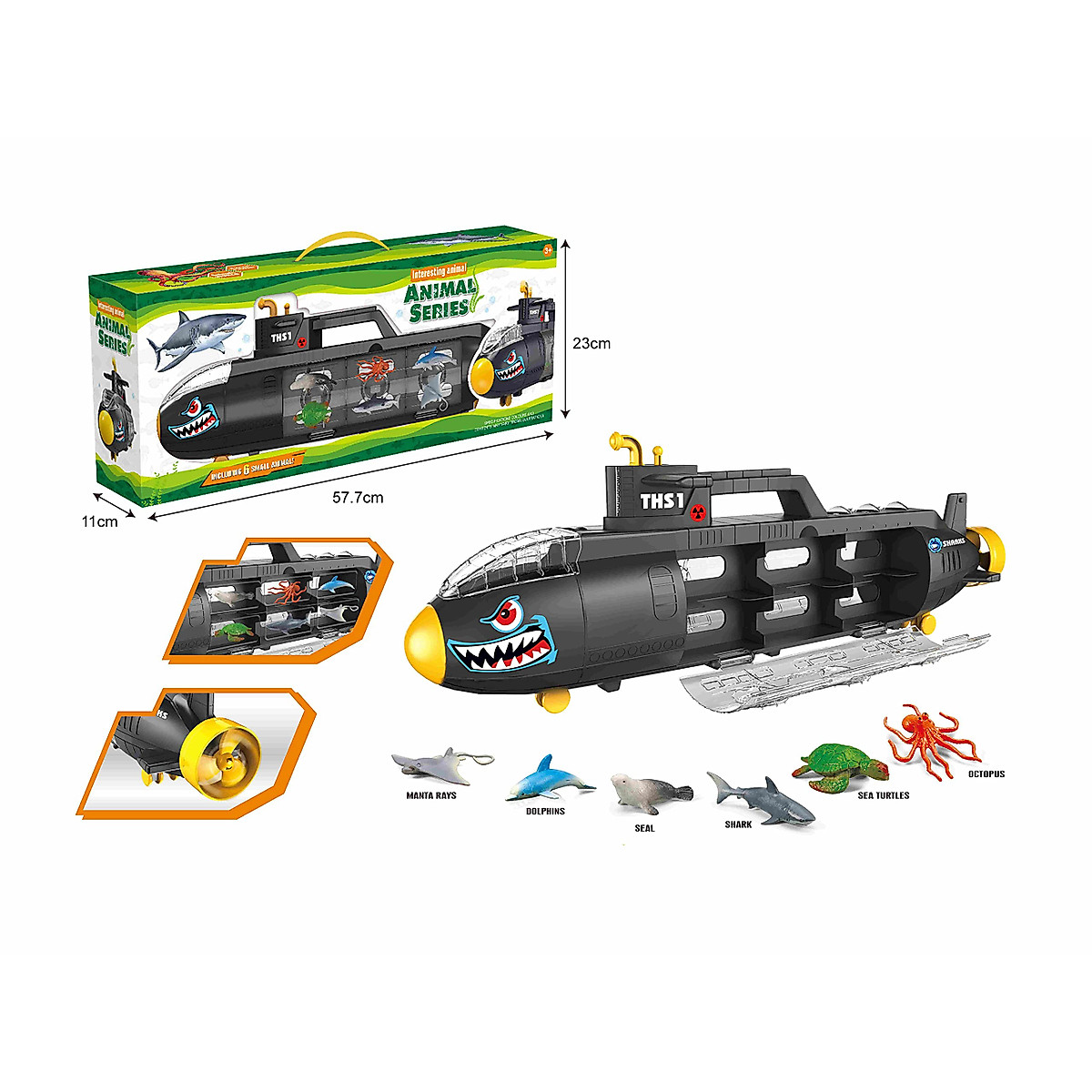 Boat Submarine Toy Shark Car Vehicle Toy W/ 6 Sea Animals and Storage Toys for 3, 4, 5, 6 7 Year Old Kids Boys Girls