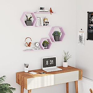 LUDORU Wooden Hexagon Floating Shelves Wall Mounted,Set of 6 Pine Hexagon Shelves Display for Photos,Plants,Rustic Honeycomb Shelves for Living Room,Bedroom,Bathroom, Kitchen, Office Decor, Pink