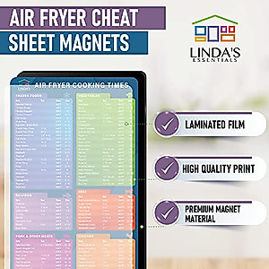 Air Fryer Magnetic Cheat Sheet Set by Linda’s Essentials - Air Fryer Cooking Times Chart Magnet, Quick Reference Guide for Cooking and Frying, Air Fryer Cooking Times Chart & Kitchen Conversions