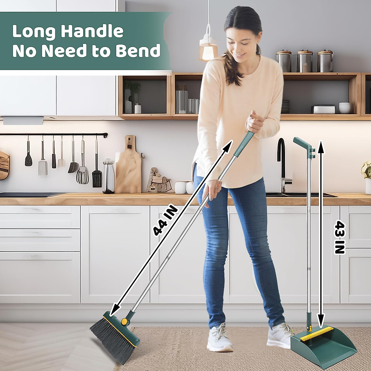 Long Handle Broom & Dustpan Set | 180° Rotating, Easy Storage