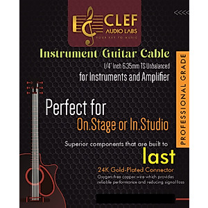 Clef Audio Labs Guitar Cable 15 ft, 22AWG Shielded, Tangle-Free PVC Jacket, Black Zinc Alloy Shell, Electric bass Guitar AMP Cord, 1/4 Inch 6.35mm TS Straight Male to Male Instrument Cable