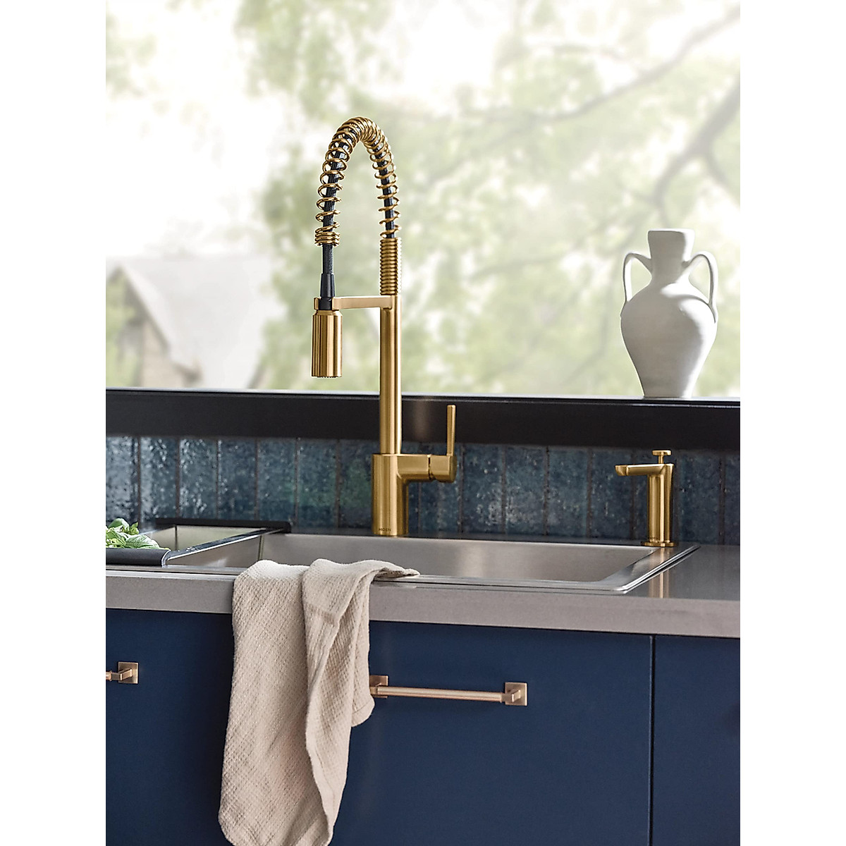 Moen Brushed Gold Modern Deck Mounted Kitchen Soap Dispenser with Above-the-Sink Refillable Bottle, S3947BG