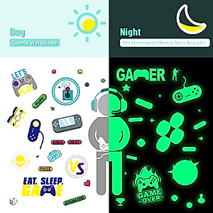 4 Sheets Gamer Wall Sticker Glow in The Dark Gamer Wall Decals Boy Children Video Game Room Decor Gaming Controller Wall Stickers Removable Wall Art for Kids Men Playroom Living Room