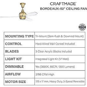 Craftmade BRD52SB3 Bordeaux Downrod/Semi-Flush Mount Heavy-Duty 52" Ceiling Fan with LED Light and Wall Control, 3 Clear Acrylic Blades, Satin Brass