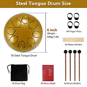 Steel Tongue Drum, DDSKY 6 Inch 8 Notes Lotus Type Handpan Drum Percussion Instrument Steel Drums Instruments with Bag Mallets Mallet Bracket for Mind Healing Yoga Meditatio (Golden)