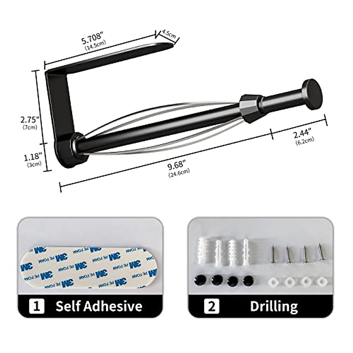 Adhesive Black Paper Towel Holder Under Cabinet Single Hand Operable Paper Towel Dispenser Wall Mount for Kitchen Tissue Holder