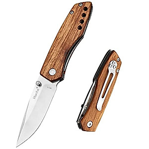 Pocket Knife with Belt Clip, Folding Tactical Knife for Camping Hunting Fishing, Safety Liner-Lock, 8cr13mov Stainless Steel Blade, Zebra Wood Handle, Fine Edge