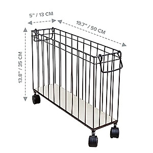 Metal Rack Storage Organizer - Wire Basket File Organizer - Magazine Holder - Metal Wire Rack Caddy w/ Wheels & Removable Liner - Slim Small Basket Storage Container, 19.7x5x13.8” Black Wire Basket