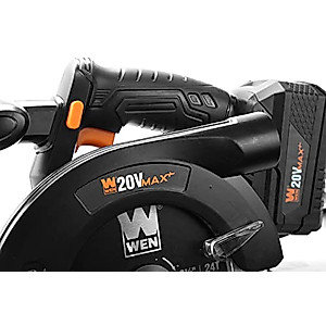 WEN Cordless Circular Saw, 6.5-Inch Blade with 20V Max 4.0 Ah Lithium-Ion Battery and Charger (20625)
