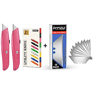 DIYSELF 2 Pack Box Cutter Retractable with 10 Pack Utility Knife Blades, Sharp SK5 Steel Utility Blades, Box Cutters for Cardboard, Paper, Carton(Pink)