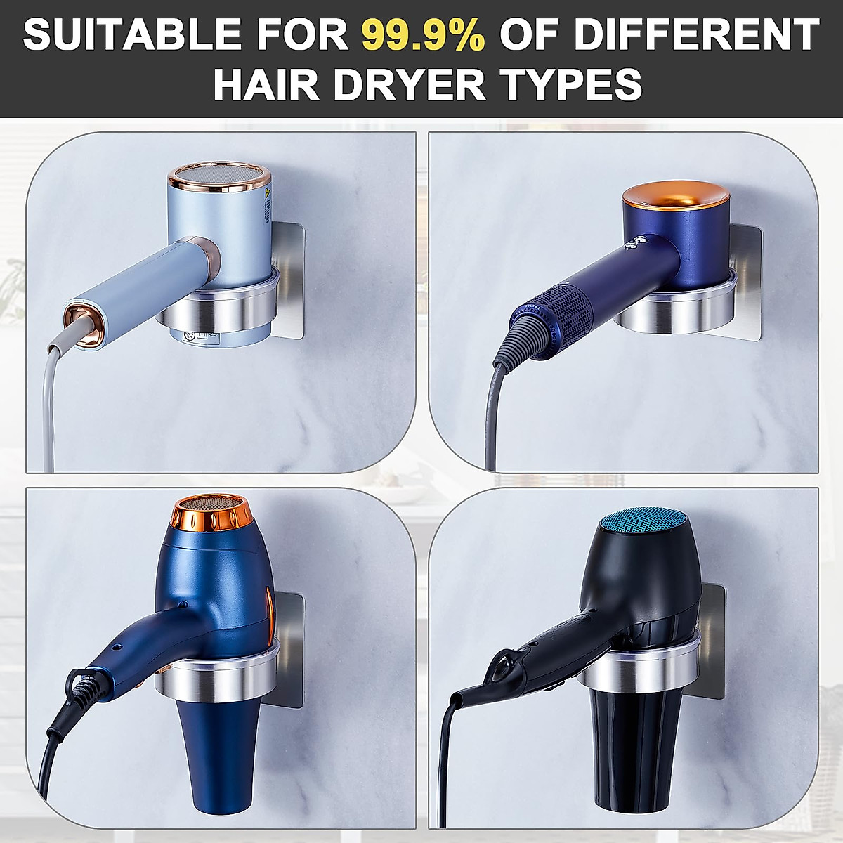 WAYASI Hair Dryer Holder - Hair Tool Storage Organizer Wall Mount, Stainless Steel Hair Blow Dryer Holder, Hot Tools Holder, Adhesive Hairdryer Holder Bathroom, Hair Dryer Hanger, Blow Dryer Organizer