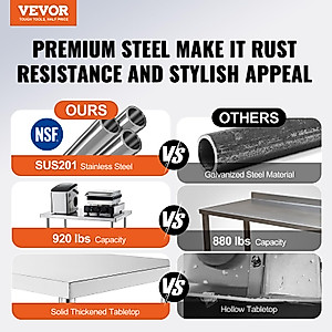 VEVOR Stainless Steel Prep Table, 30 x 72 x 34 Inch, 920 lbs Load Capacity, Heavy Duty Metal Worktable with 3 Adjustable Height Levels, Commercial Workstation for Kitchen Garage Restaurant Backyard