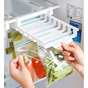 SZHTSWU Refrigerator Ziplock Bag Storage Rail Rack, Hanging Storage Clip Sliding Rail Tray Retractable Fridge Drawer Storage Organizer with 20 Sealed Bags for Fruits Vegetable Food Fresh-Keeping