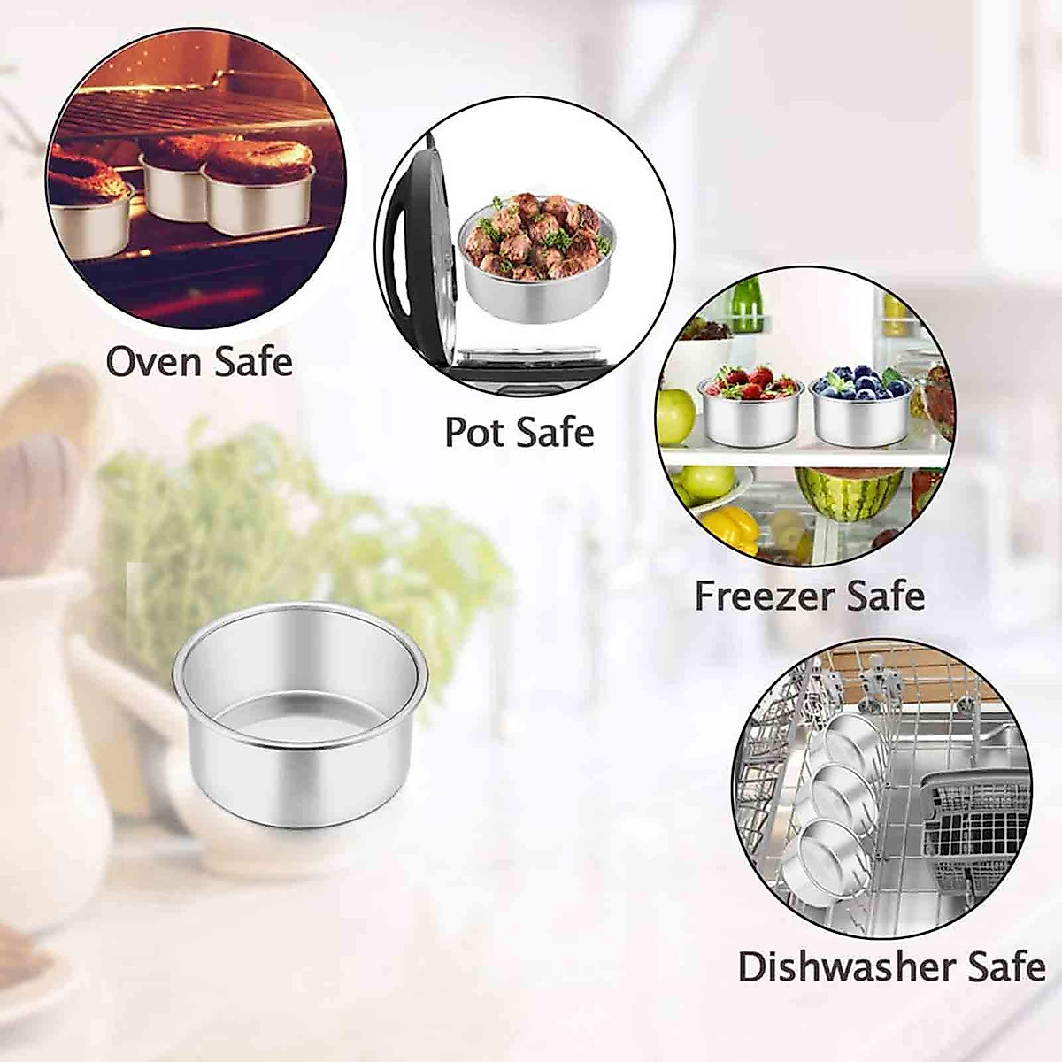 TeamFar 4 Inch Cake Pan, 4 Pcs Mini Cake Pan Round Tier Baking Cake Pans Set Stainless Steel, For Baking Steaming Serving, Healthy & Sturdy, Mirror Finish & Dishwasher Safe