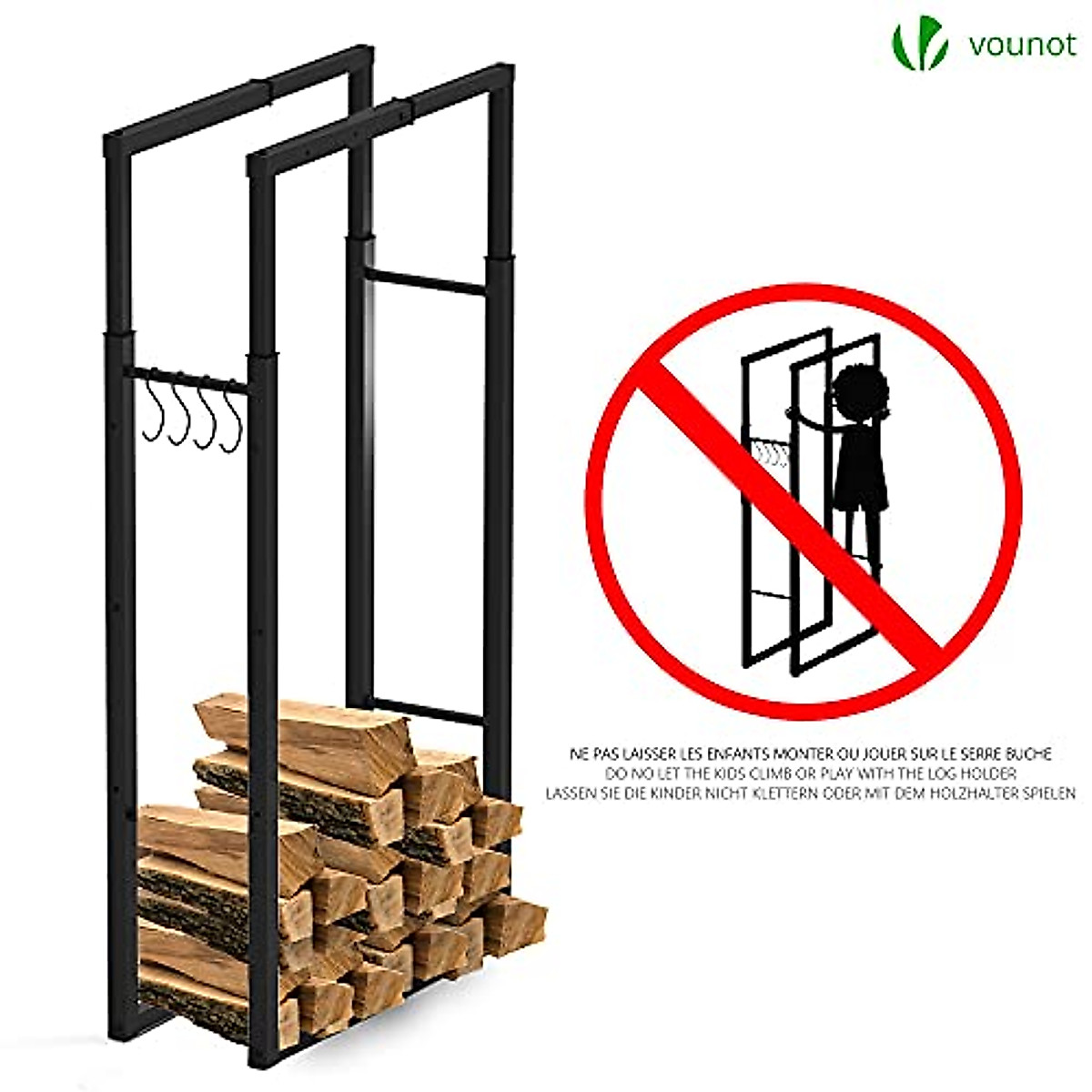 VOUNOT Firewood Rack Adjustable Firewood Holder Heavy Duty Log Holder Stand for Fireplace Fire Wood Storage Holder for Indoor Outdoor 5 ft Height Black