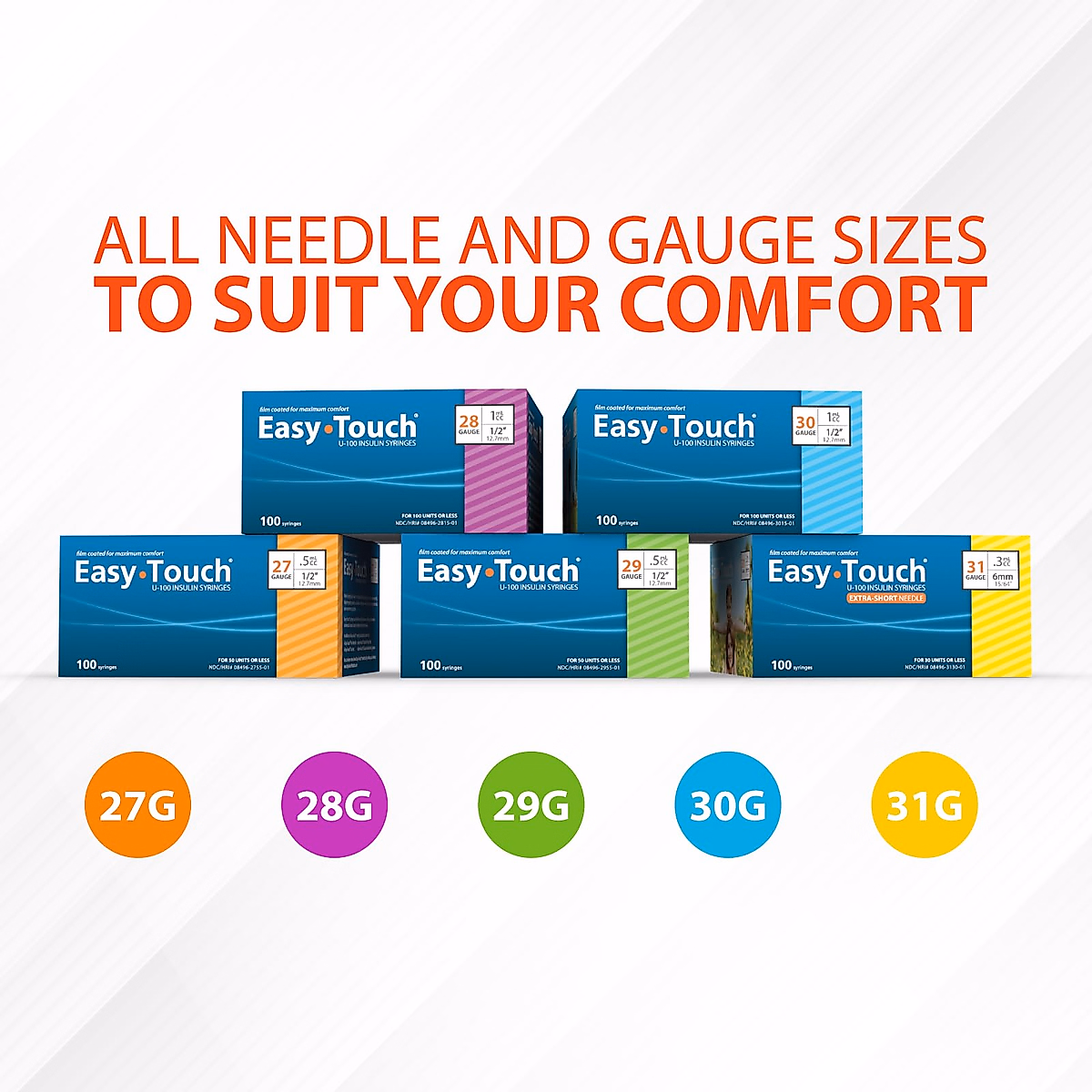 Easy Touch U-100 Insulin Syringe with Needle, 31G 1cc 5/16-Inch (8mm), Box of 100