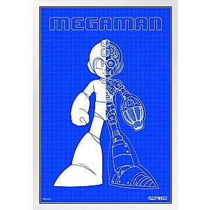 Mega Man Blueprint Art Video Game Video Gamer Classic Retro Vintage 90s Gaming MegaMan Capcom Legacy Collection Megaman 11 Mega Man X Dr Wily White Wood Framed Poster 14x20