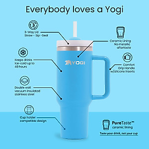 YOGI Ceramic Lined Tumbler with Handle and Straw Lid, Stainless Steel Travel Mug & Water Tumbler, Vacuum Sealed Cup with Handle - 40oz Graphite