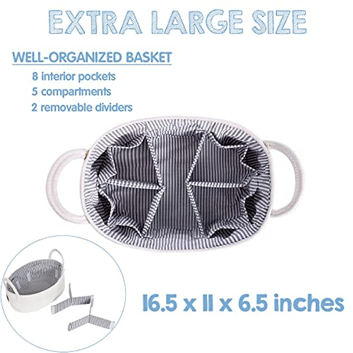 Extra Large Baby Diaper Caddy Organizer 16.5"X11"X6.5" Woven Cotton Rope Baby Shower Basket [8 Pockets+5 compartments]Nursery Storage Bin Portable Car Travel Tote Bag Newborn Registry Boy Girl