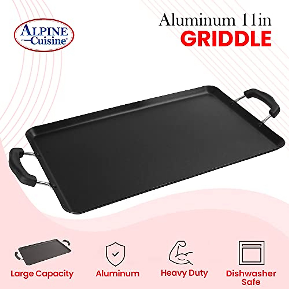 Alpine Cuisine Aluminum Griddle Pan 19x11in | Nonstick Coating & Heat Resistant | Gas Stove Griddle for Cookware with Double Handle - Ideal for BBQ & Serving Pancakes, Hand Wash - Gray