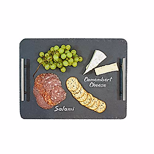 Oenophilia Slate Cheese Board with Stainless Steel Handles, Charcuterie Platter Serving Board Tray for Cheese, Crackers, and Meat