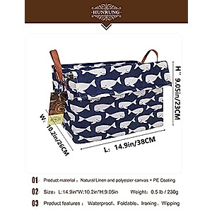 HUNRUNG Storage Boxes with Lids Rectangle/Square Storage Bins，Storage Basket Cute Canvas Organizer Bin for Pet/Children Toys, Books, Clothes Perfect for Rooms（Rec-Blue Whale-with lid）