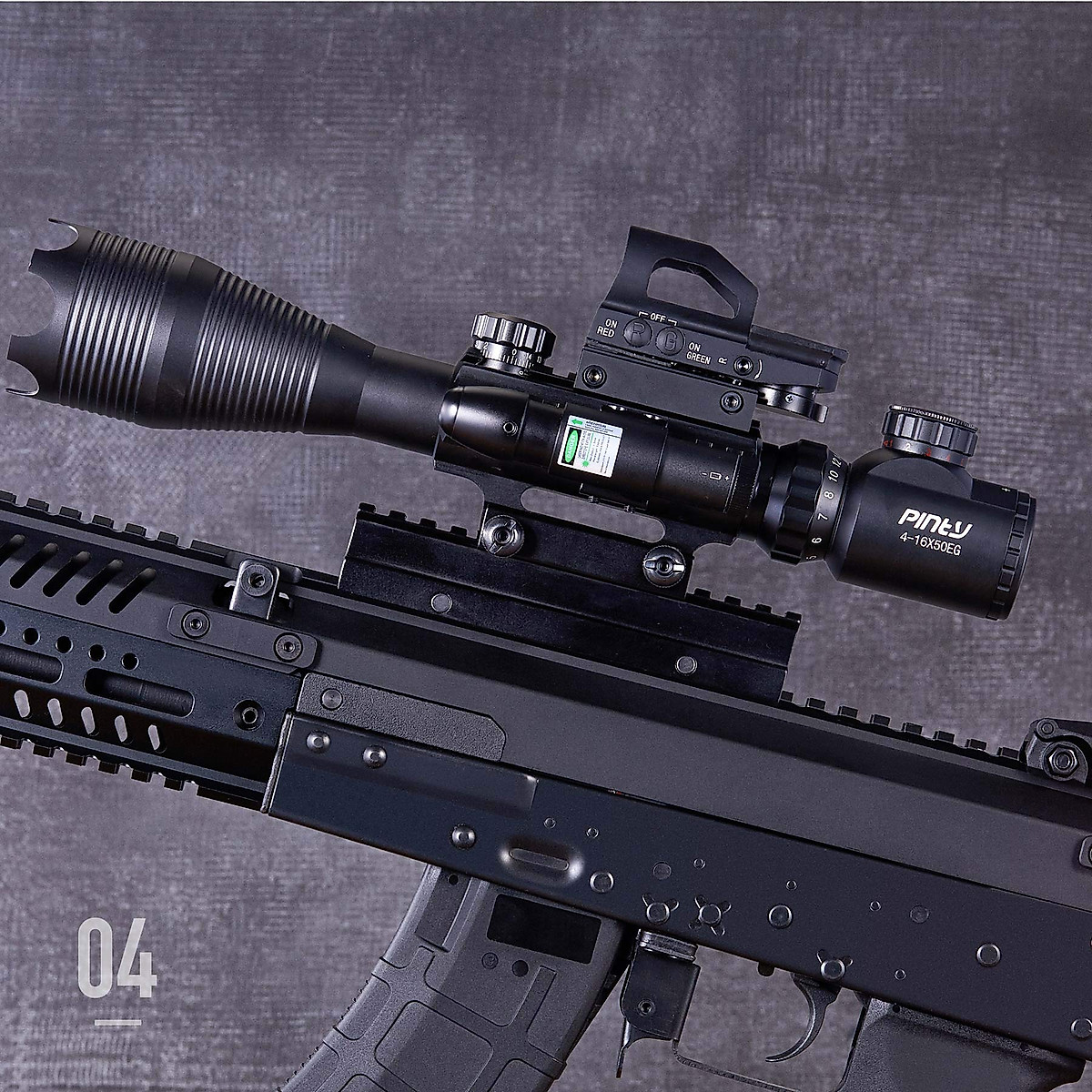 PINTY Rifle Scope Red Dot Laser Combo — 4in1 Gun Set with 4-16x50 Illuminated Hunting Scope, Green/Red Dot, Green Laser Sight, Pic Riser — Tactical Scope and Laser for Shooting Airsoft More, Black