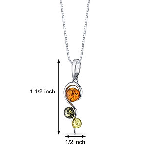PEORA Genuine Baltic Amber Three-Stone Spiral Pendant Necklace for Women 925 Sterling Silver, Rich Cognac, Olive and Honey Colors, with 18 inch Chain