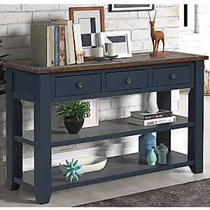 YWUFUART 48 Inch Solid Wood-Console Table-Sofa Table-Storage Cabinet with 3 Drawers and 2 Shelves for Entryway Hallway Living Room (Blue)