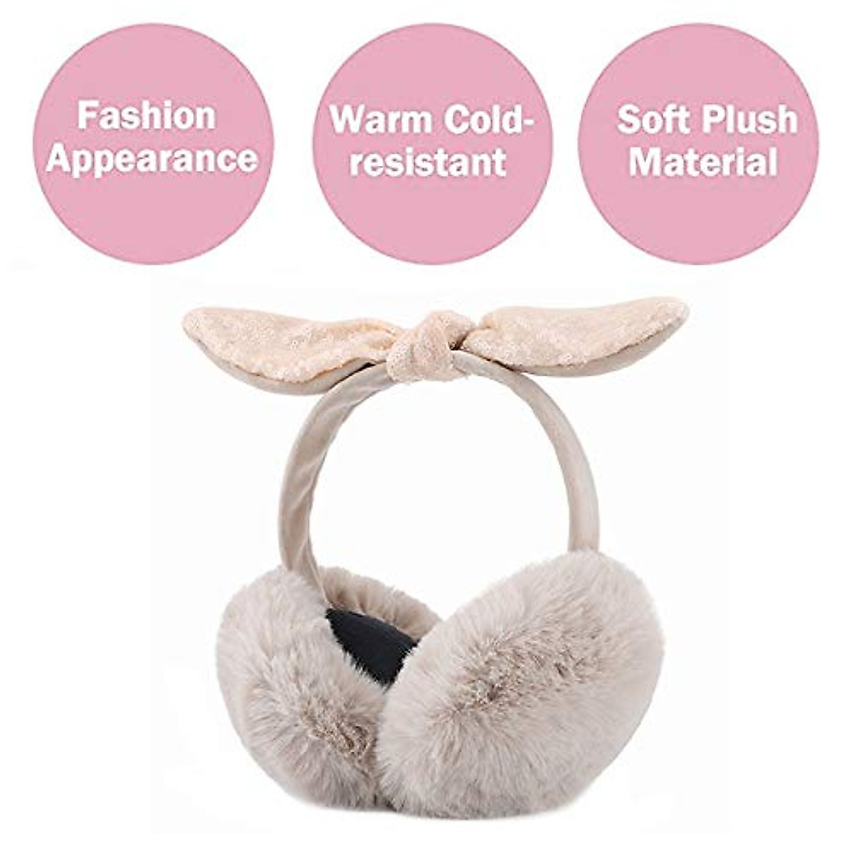 Felice Ann Women Sequins Bowknot Winter Warm Faux Fur Plush Earmuffs Foldable Ear Muffs Ear Warmers