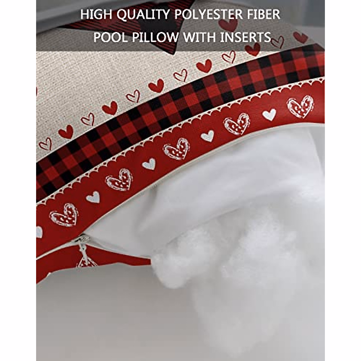 Recliner Head Pillow Ledge Loungers Chair Pillows with Insert Love Heart Black and Red Buffalo Plaid Lumbar Pillow with Adjustable Strap Outdoor Waterproof Patio Pillows for Beach Pool Chair, 2 PCS