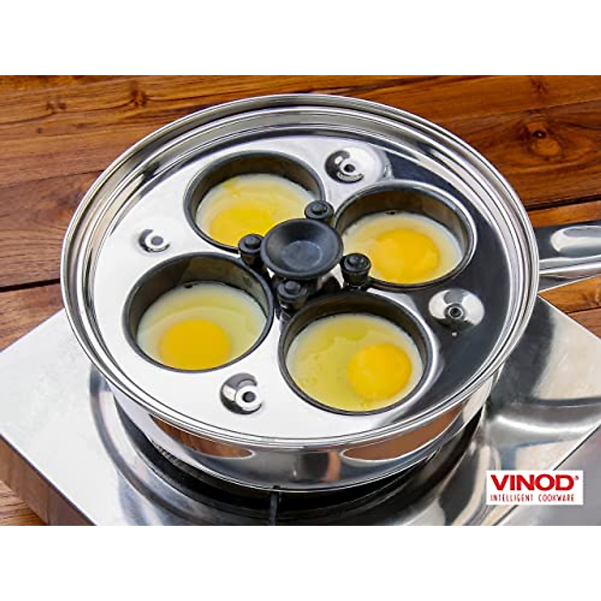 Vinod Non Stick Egg Poacher Pan – Skillet, Glass Lid, Removable Cup Tray - 4 Large Cups - Stainless Steel Poached Egg Cooker – Food Grade Egg Poaching – Heat Friendly Handle - Free Silicon Spatula