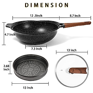 ESLITE LIFE Nonstick Woks & Stir-fry Pans with Steamer, Deep Frying Pan with Lid Induction Compatible (6.5 Quart // 12.5 Inch & Steamer)