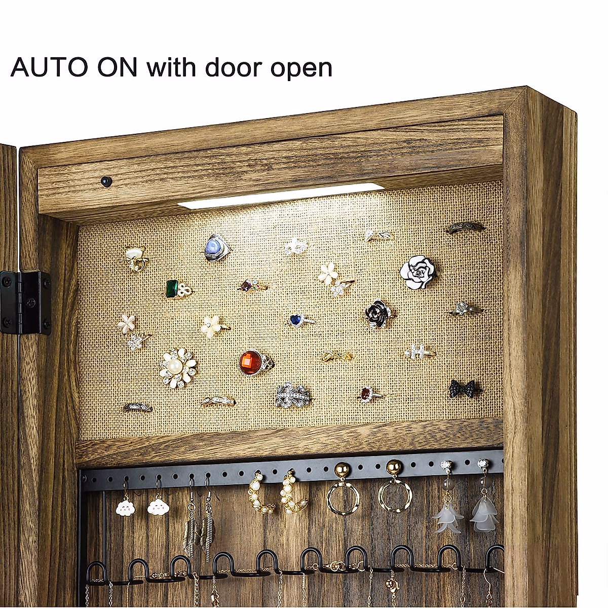 SRIWATANA Jewelry Armoire Cabinet, Solid Wood Standing Jewelry Organizer with Full Length Mirror (Carbonized Black)