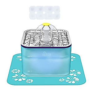 Crystal Cat Water Fountain Stainless Steel, 100oz/3L Pet Fountain with Transparent Base and LED Light, 3 Replacement Carbon Filters and 1 Foam Filter (Green)