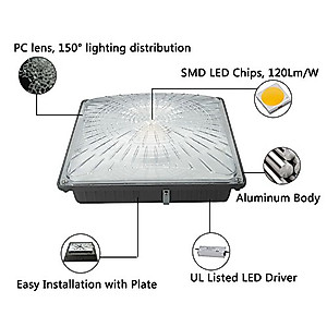 1000LED 4 Pack LED Canopy Light, 65W 8,000Lm 300W HID/HPS Equal, 10" x 10", LED Shop Light, 5000K, AC100-277V, Waterproof IP65, Gas Station Canopy Light
