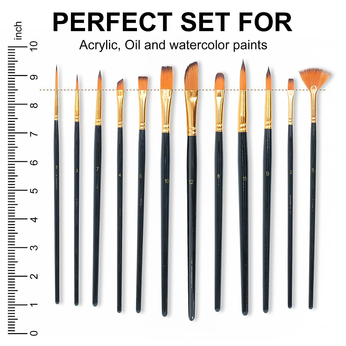 MAYYAYA 12 Pieces Crafts Artist Paint Brushes Set - Nylon Bristles with Round, Filbert, Flat, Fan, Angle, Fine Detail Brush for Artists and Beginners- Acrylic Painting, Oil, Watercolor (Black)