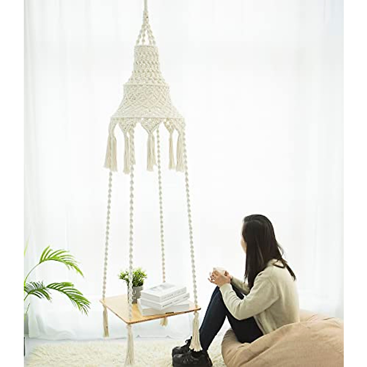 Amdermi Macrame Hanging Shelf Hanging Rope Shelf Indoor with Boho Lamp Shade Floating Square Shelves Decorative Shelf Table Holder Planter Display Rack Boho Home Decor. Ceiling Mount Rope Shelf