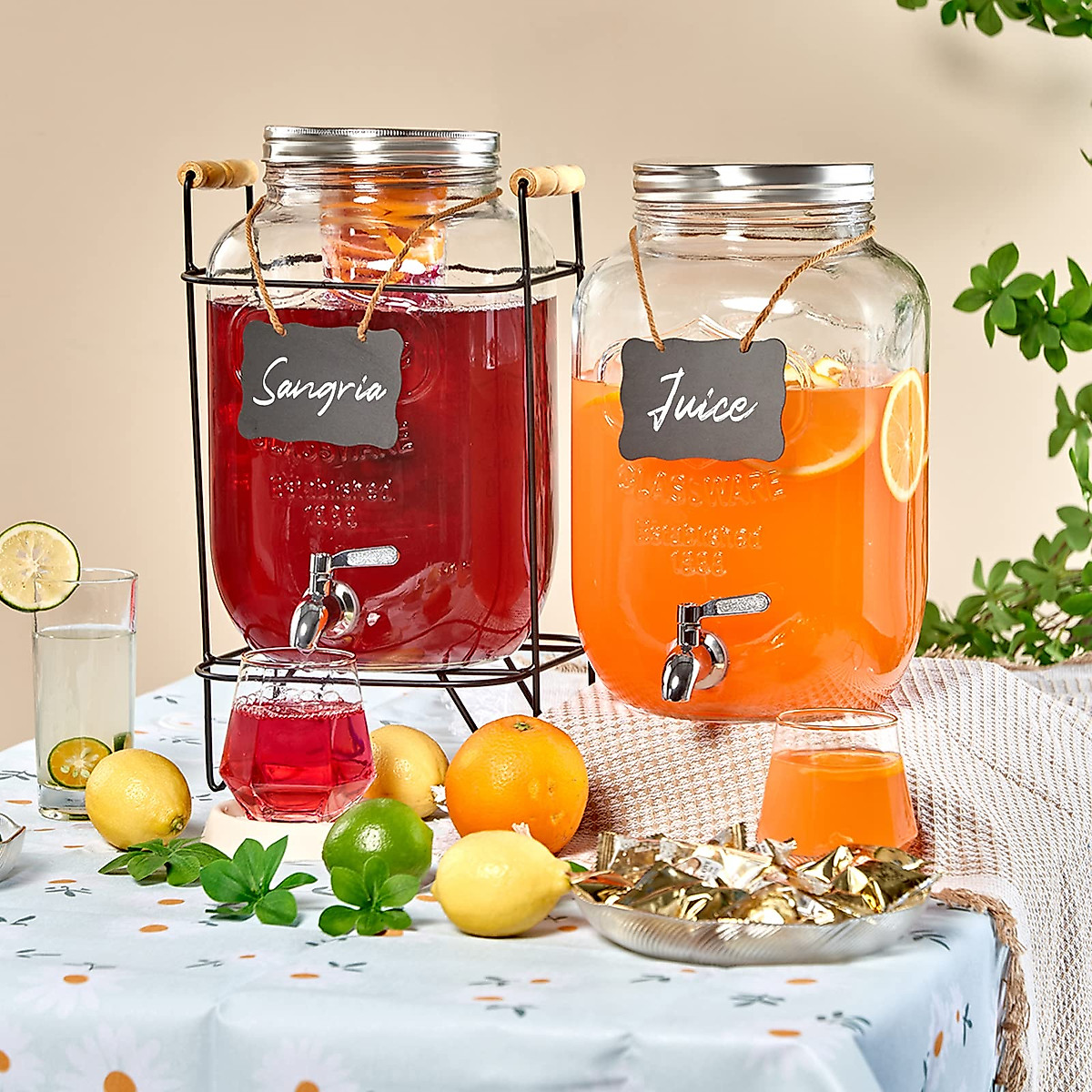 Hanaiette 2 Gallon Glass Beverage Dispenser for Parties, Leak-proof 304 Stainless Steel Spigot ＆ Lid, Drink Dispensers Jar with Fruit Infuser, Suitable to Make Sun Tea, Lemonade, Kombucha et