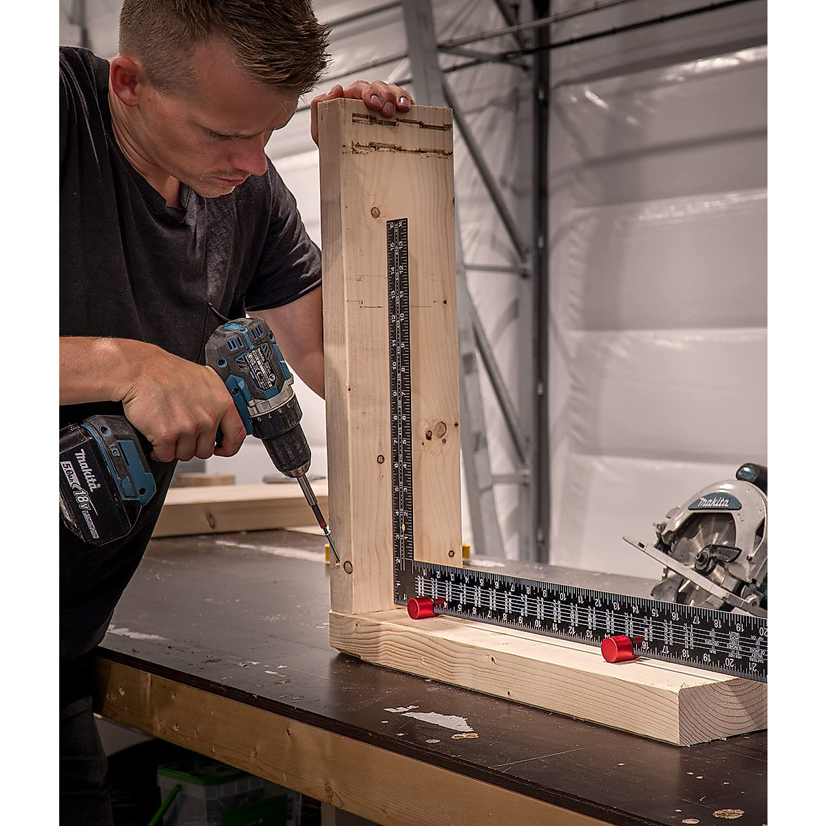 Simon Tools - Stair Gauges for Framing Square | Extra Tall 𝗡𝗼𝗻-𝗦𝗹𝗶𝗽 Framing Square Stops with Holder, Framing Tools for Speed Square