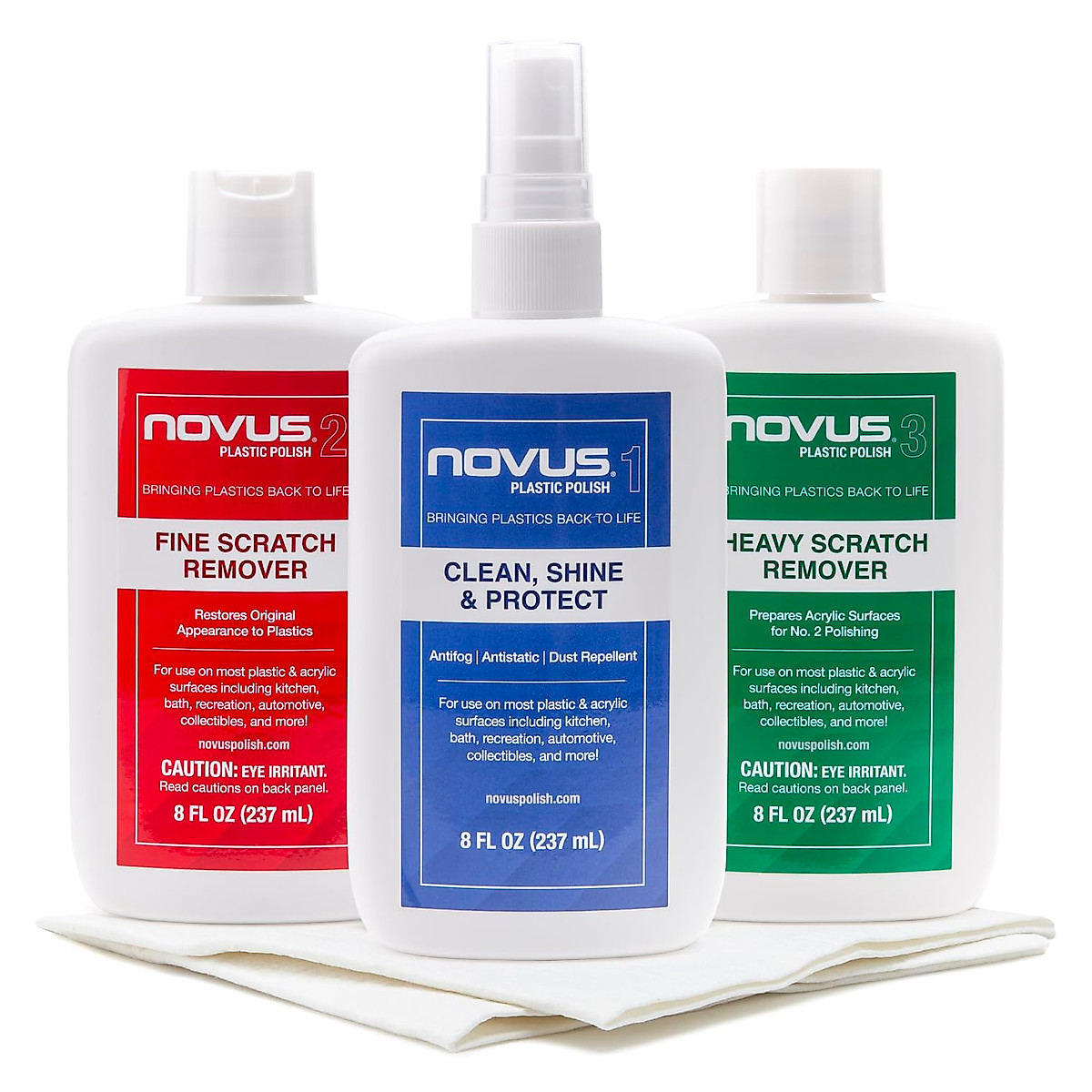 NOVUS-PK1-8 | Plastic Clean & Shine #1, Fine Scratch Remover #2, Heavy Scratch Remover #3 and Polish Mates Pack | 8 Ounce Bottles