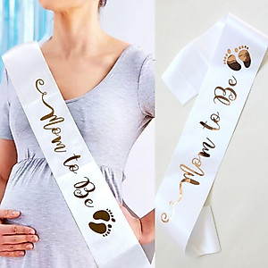 Luwigs Mom to Be Sash White Satin Sash with Gold Letter Best Baby Shower Mommy Decorations Mother Gifts Gender Reveal Welcome Baby (White)