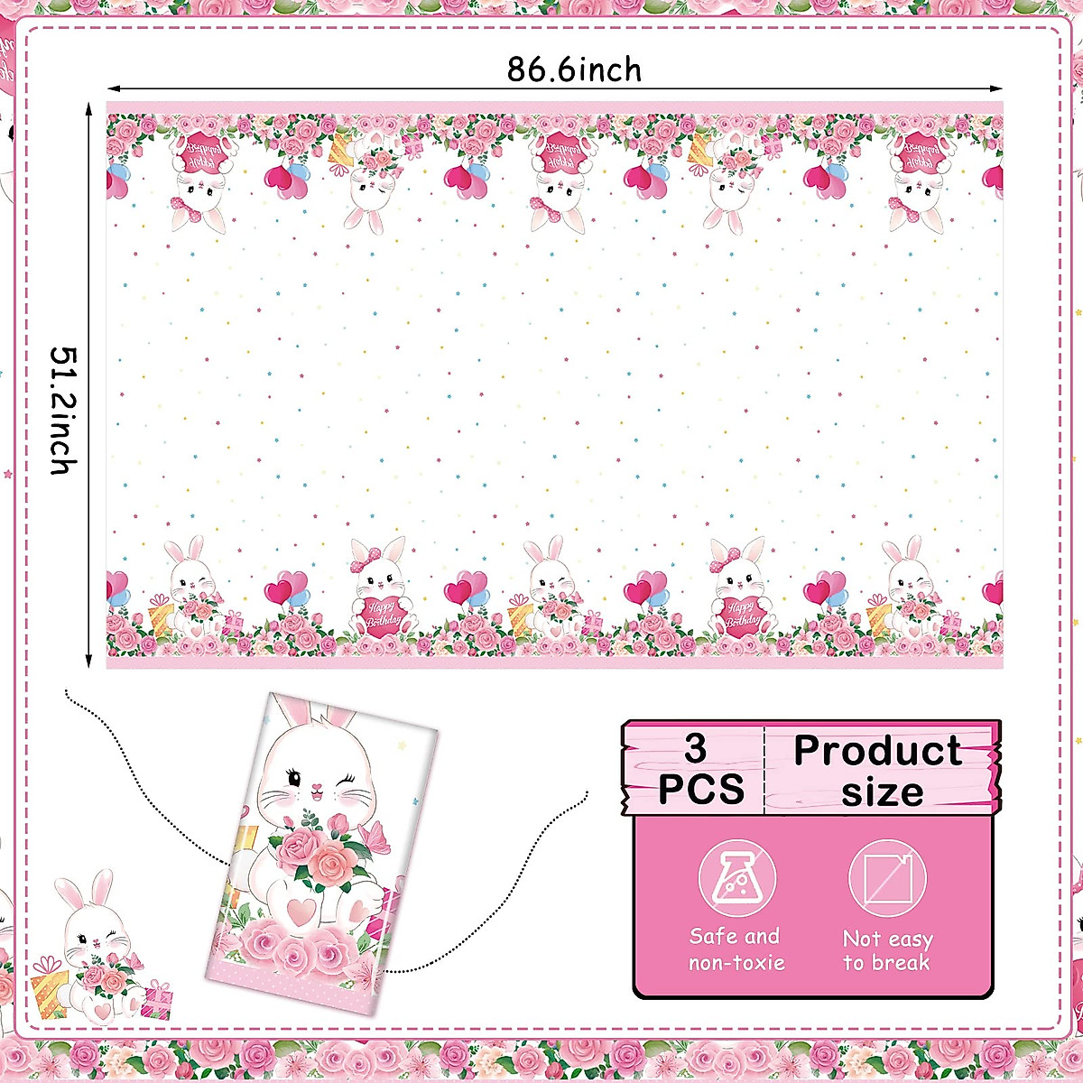 3 Pcs Easter Bunny Party Supplies Tablecloth Bunny Plastic Table Covers Floral Pastel Table Cloth Bunny Themed Birthday Decorations for Girl Boy Birthday Spring Baby Shower Party Supplies Gifts
